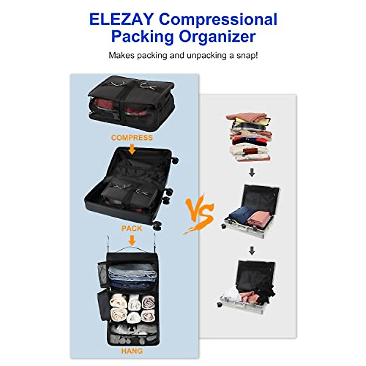ELEZAY Hanging Packing Cubes Portable Closet 3-Shelf Travel Collapsible Compression Garment Organizer for Carry-on Luggage Suitcase Space Saver Bag XX-Large, Black