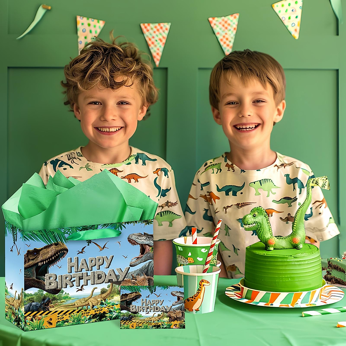 Dinosaur Birthday Gift Bag for Boys Girls Kid Dinosaur Happy Birthday Favor Bag Dinosaur Birthday Wrapping Paper Bag with Tissue Paper and Greeting Card for Dinosaur Birthday Christmas Party Supplies