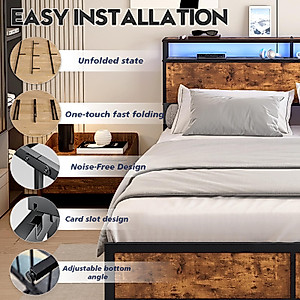 Modern Industrial Bed Frame with LED Lights,2-Tier Storage Headboard with Charging Station,Industrial Metal Platform LED Bed Frame with Outlets and USB Ports,Noise Free,No Box Spring Needed