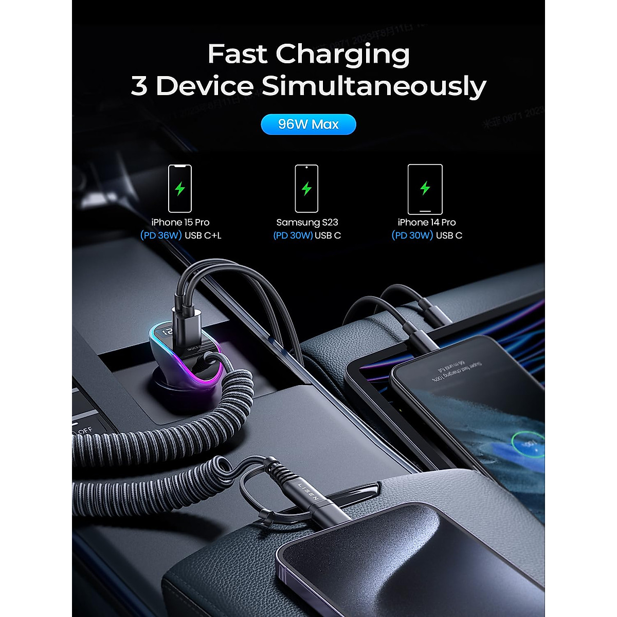[Apple Safe Certified] USB C Car Charger Adapter LISEN 96W Cigarette Lighter USB Charger Fast Charging for iPhone Car Charger with 2-in-1 PD36W Car Charger for iPhone 15 Pro Max Plus Samsung iPad