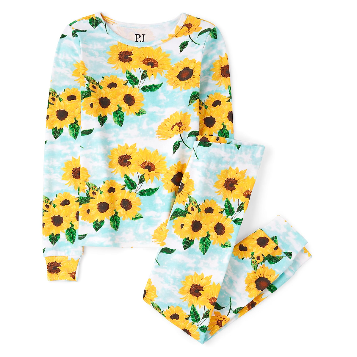 The Children's Place Girls' Long Sleeve Top and Pants Snug Fit 100% Cotton 2 Piece Pajama Set, Sunflowers