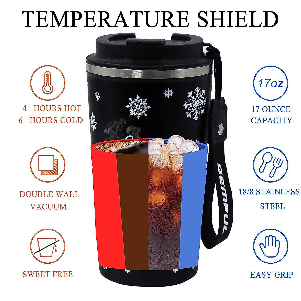 GEMFUL Travel Coffee Tumbler for Men Husband 17oz Reusable Insulated Mug Presents for Dad
