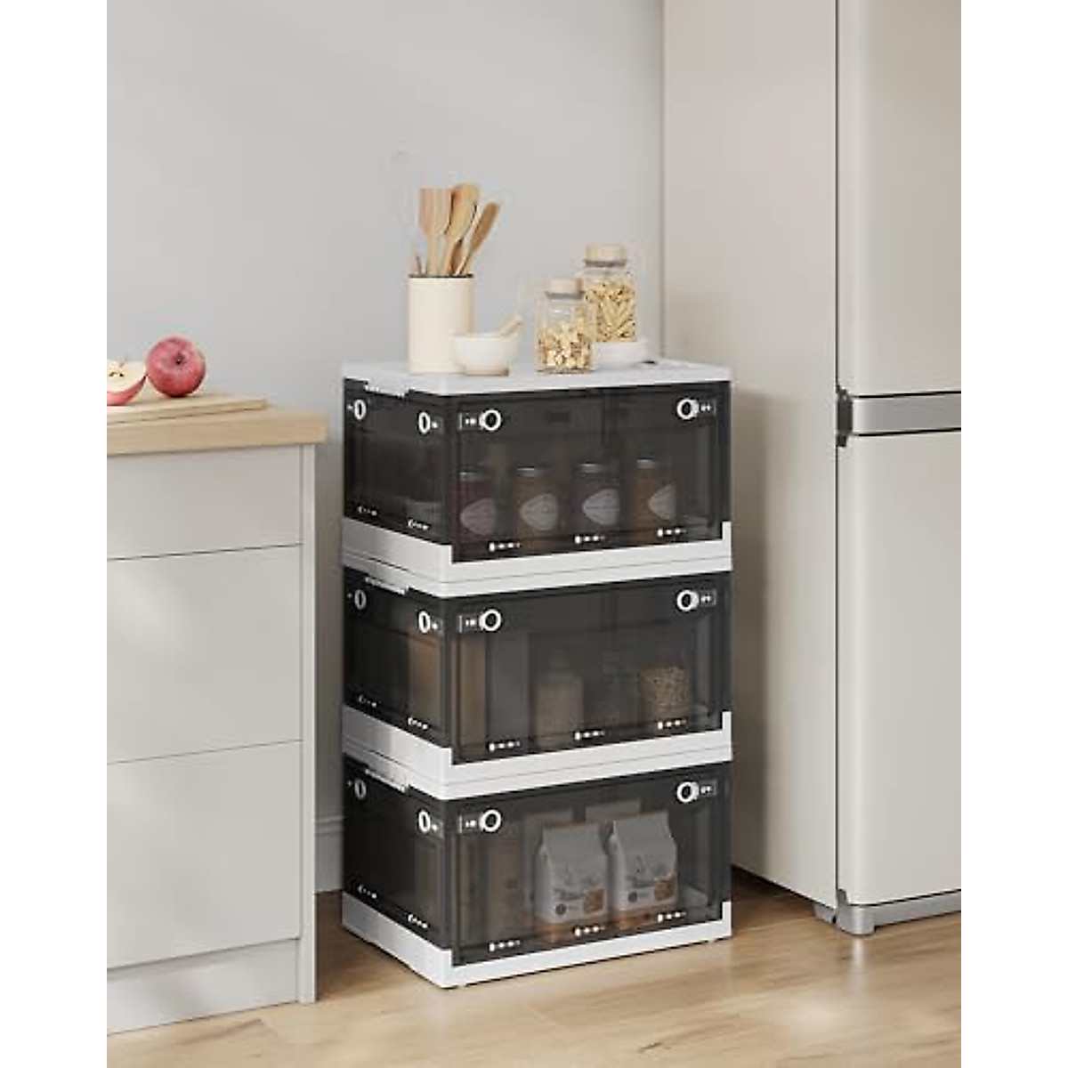 SONGMICS Plastic Storage Bins with Lids, 11.6 Gal. (46.4 Qt.) Stackable Closet Organizer, 5 Doors, Pack of 3, Storage Cabinet, Office Organization, Foldable, Cloud White and Slate Gray URPB044W03