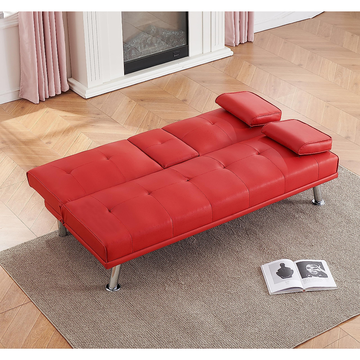 Anwick Modern Leather Futon Sofa Bed,Convertible Folding Couch Recliner Sleeper Loveseat for Small Space,Apartment,Office,Dorm,with Cup Holders and Removable Armrest (Red)