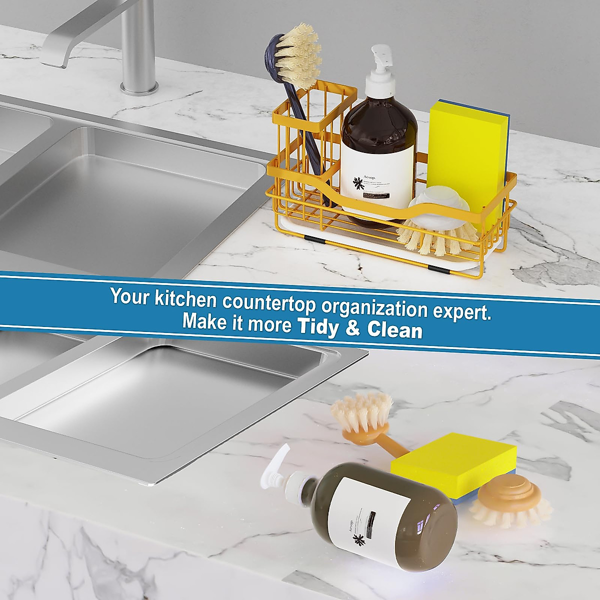 Sponge Holder Kitchen Sink Caddy Organizer, Sponge Holder for Kitchen Sink with Brush Storage, 304 Stainless Steel Black Dish Soap Holder Rack with Removable Drain Tray - Not Included Dispenser, Brush