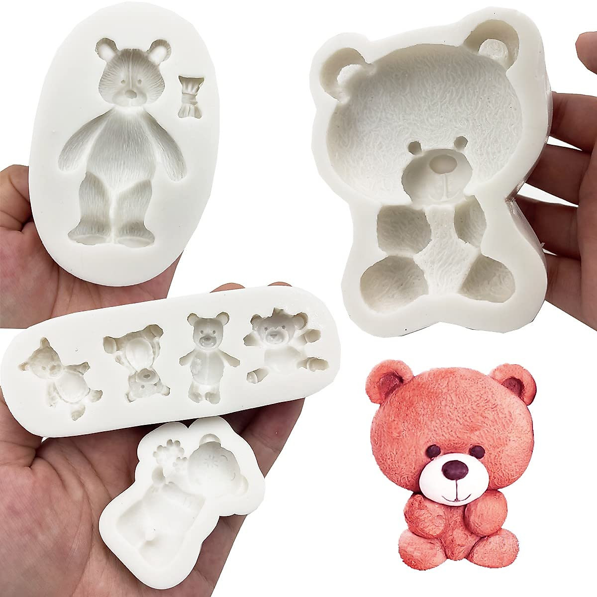3D Bear Silicone Fondant Molds, Bear Candy Chocolate Molds for DIY Cake Fondant Cookie Cupcake Cake Topper Decoration Desserts Handmade Crystal Sugar Crafts for Baby Shower Party Set of 4