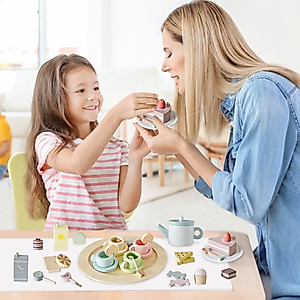 Smartwo Wooden Tea Party Set for Little Girls, 34 PCS Wooden Tea Set for Toddlers 3-5, Pretend Play Kids Wood Tea Set Toy, Play Kitchen Accessories with Play Food, Improve Imagination