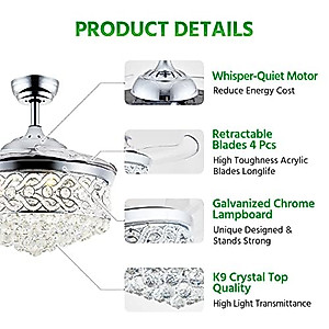 42 Inch Chandelier Crystal Ceiling Fan with Light Remote Dimmable Fandelier Ceiling Fan with Light Color Change 6 Speed Retractable Blades Ceiling Fan Light for Bedroom Indoor Living Room Chrome