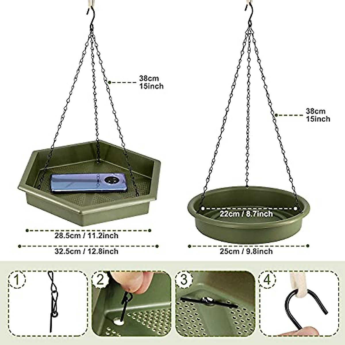 Hanging Bird Bath, Bird Bath, Hanging Bird Feeder, Bird Feeder, 2 in 1 XL Hanging Bird Feeders & Bird Baths for Outdoors,Bird Feeder Hanging Bird Feeder Tray (Green)
