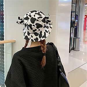 Cow Print Bucket Hat with Cute Horn Ears Cow Print Summer Beach Sun Hat Fisherman's Cow Bucket Hat (White)