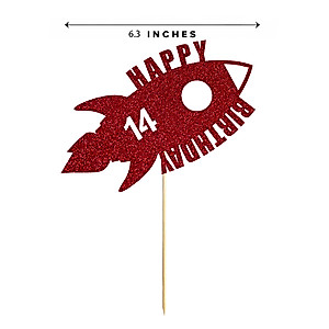 Red Rocket 14th Birthday Cake Topper, Glitter Boy Girl Space 14 Years Birthday Party Decoration