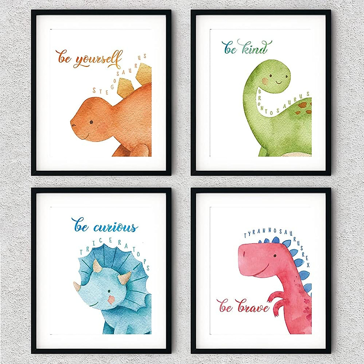 Inspirational Be Kind Be Yourself Be Curious Be Brave Wall Art Decor, Dinosaur Wall Decor for Nursery Bedroom Home, Dinosaur Poster Be Kind Be Brave Decorations for Nursery Room Living Room Home Set of 4 (8”X10”) Unframed