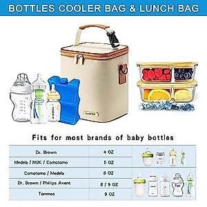 BABEYER Breast Milk Cooler Bag with Ice Pack Fits 4 Baby Bottles Up to 9 Ounce, Baby Bottle Bag with Shoulder Strap for Nursing Mom Daycare, Cream