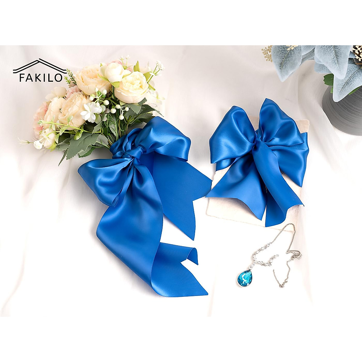 FAKILO Blue Satin Ribbon, 4 Inch Wide Double Faced Royal Blue Ribbon for Gift Wrapping Wedding Chair Pageant Sashes Craft Bow Making Christmas Party Decor Cutting Ceremony Kit Grand Opening -10 Yards