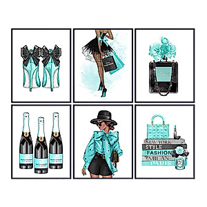 Blue Glam Wall Decor - Black African American Wall Decor - Designer Perfume, Shoes, Handbags - High Fashion Design Gift - Luxury Couture Wall Art Poster Set for Women, Teens, Girls Bedroom