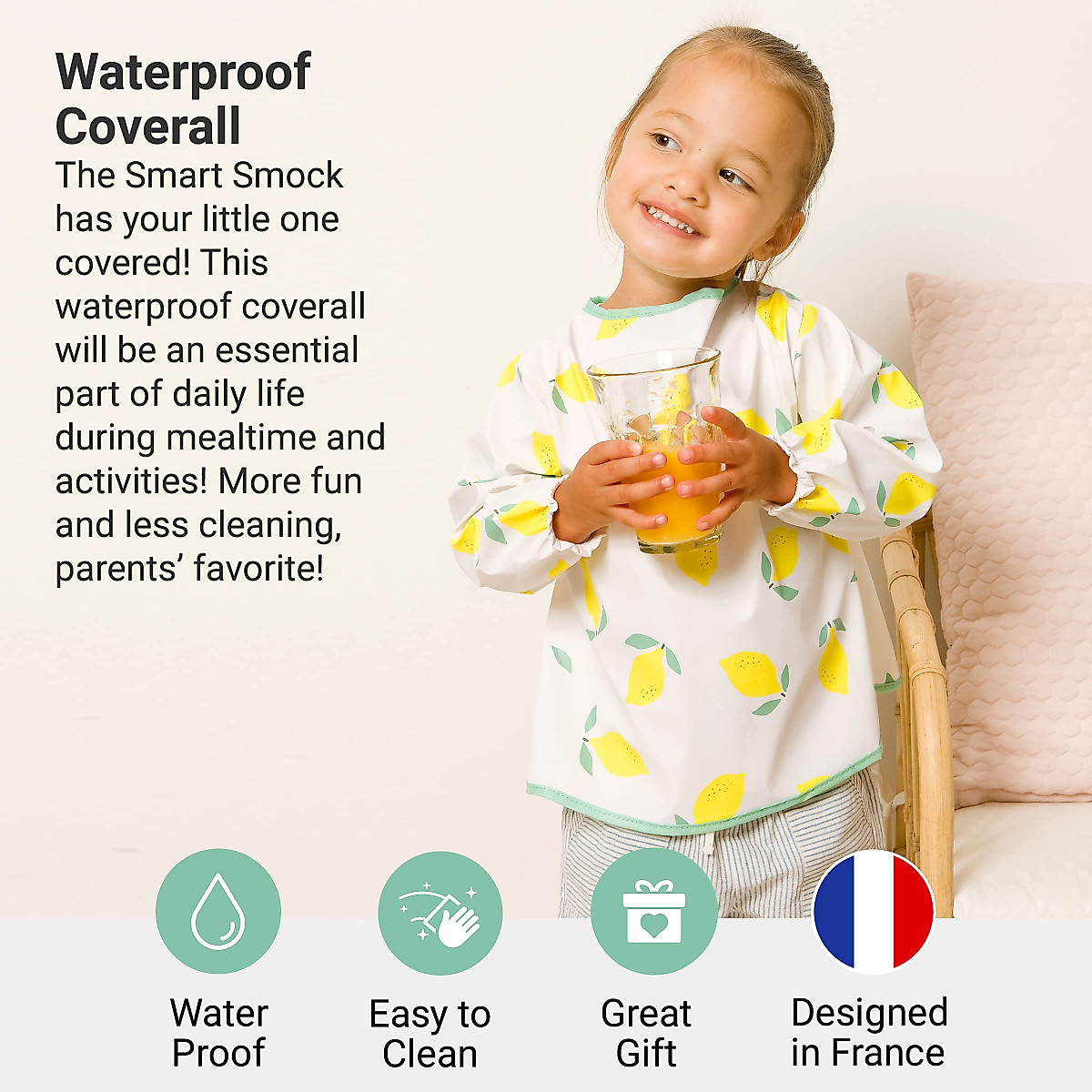 BabyToLove Smart Smock | Waterproof Coverall | Stay Clean, Mom’s Favorite | Mealtime and Activity Coverup | Happy Lemon