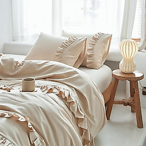 Simple&Opulence Ruffled Linen Duvet Cover Set 3Pcs with Vintage Shabby Chic Multiple Frills (1 Comforter Cover & 2 Pillowcases) Natural Flax Cotton Blended Luxury Bedding - Linen, Queen Size