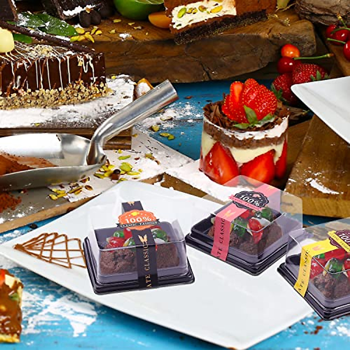 50 Pcs 3.5 Inch Mini Cake Box, Clear Plastic Mini Cupcake Box Muffins Box Cookies Dome Box Mooncake Box Small Single Muffin Dessert Containers Holder Wedding Birthday Gift Box - Bonus 50 Pcs Stickers (Black)