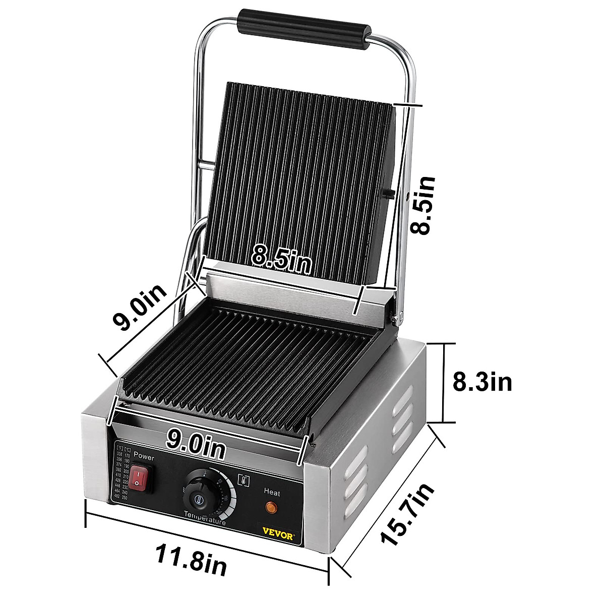 Happybuy Commercial Sandwich Panini Press Grill,1800W Single Flat Plates Electric Stainless Steel Sandwich Maker, Temperature Control 122°F-572°F for Hamburgers Steaks Bacons