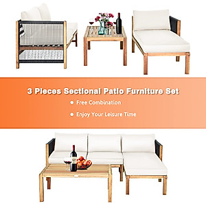 Tangkula L Shape Outdoor Furniture Set, 3 Piece Acacia Wood Patio Conversation Set, with 2 loveseats and Coffee Table, Garden Backyard Poolside Patio Seating Set (White)