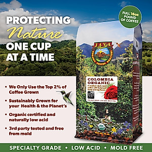 Java Planet Low Acid Coffee, Organic Colombian Single Origin: Whole Bean Medium Dark Roast - Smooth Full Flavored Coffee Bean, 1LB Bag