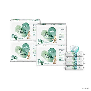 Pampers Pure Disposable Baby Diapers, Hypoallergenic and Fragrance Free Protection Size 2, 128 Ct. with Aqua Pure 4X Pop-Top Sensitive Water Baby Wipes, 224 Ct.