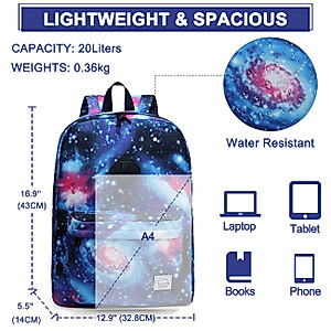 VASCHY Backpack for School, Lightweight Water Resistant Bookbag Casual Daypack for Middle School Teen Boys Girls Blue Galaxy