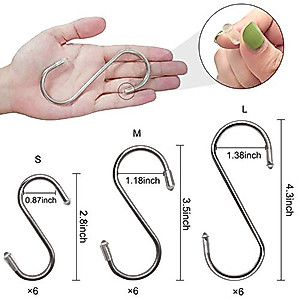 18 Pack S Shaped Hooks, Heavy Duty Stainless Steel S Hooks, Hangers Hanging Hooks for Hanging Pots and Pans,Towels,Clothes,Plants in Home Kitchen Bathroom Bedroom Garden, (2.8",3.5",4.3",Each 6 Pack)