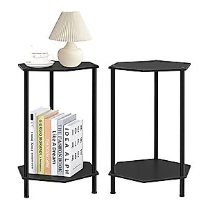 Vrisa End Table Set of 2 Bedside Tables for Small Spaces Hexagonal Side Table Bamboo Nightstands Set of 2 with Storage 2-Tier Space Saving for Living Room, Bedroom, Office Black
