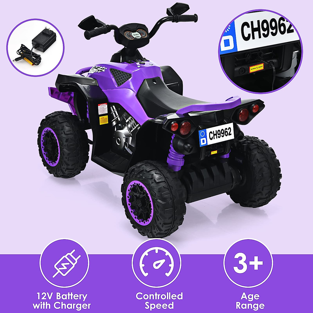OLAKIDS Ride On ATV, 12V Kids 4 Wheeler Battery Powered Toy Car for Toddlers, Electric Rear Motorized Quad Vehicle for Boys Girls with LED Lights, Music, Horn, High Low Speed, Soft Start (Purple)