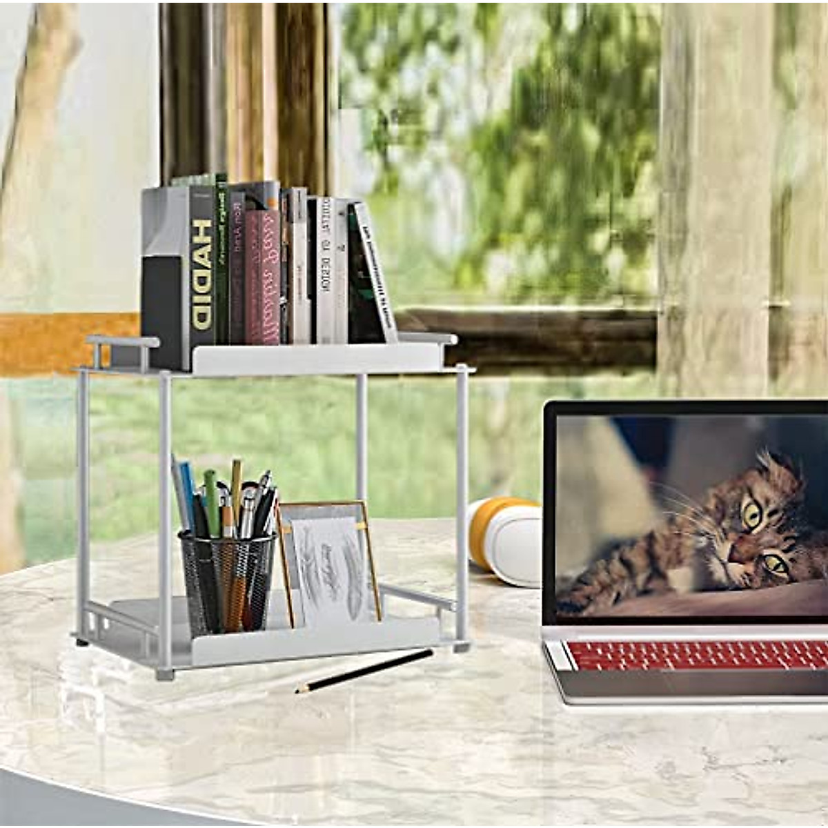 AWTS Bathroom Counter Organizer, 2 Tier Stainless Steel Bathroom Countertop Organizer, Kitchen Organizer, Cosmetic Organizer, Vanity Bathroom Organizer, Storage Shelf, Living Room,Dressing Table,White