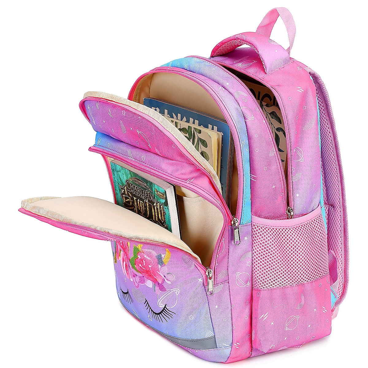 LEDAOU Kids School Backpack with Lunch Box for Girls Bookbag School Bag Preschool Kindergarten Toddler Backpack Tie Dye (Gradient Blue Purple-Cosmos)