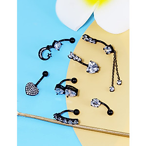 Vsnnsns 14G Belly Button Rings Belly Rings for Women Stainless Steel Belly Piercing Jewelry Surgical Steel Dangle Belly Button Rings Curved Navel Ring Barbell Heart CZ Body Jewelry Piercing Black