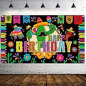 WATINC Mexican Fiesta Happy Birthday Backdrop Banner XtraLarge Mexico Cinco De Mayo Background May 5 Carnival Theme Party Decorations Supplies Photo Booth Props for Indoor Outdoor Wall 78 x 45 Inch
