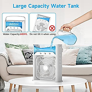 Portable Air Conditioner,4-In-1 Personal Air Cooler Mini Evaporative Fan, Portable AC Mobile Air Conditioner with 360°Rotation, 7 LED Light,3 Wind Speeds, 3 Spray Modes for Office Desk Bedroom Kitchen