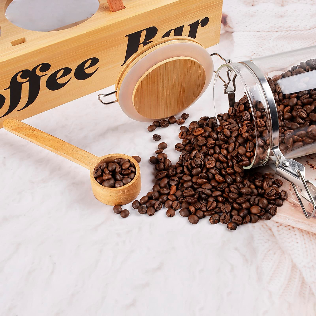 3Pcs Glass Coffee Canister with Shelf Printed Coffee Bar, Sugar Container, 3x53oz Glass Coffee Bean Storage Jars with Airtight Locking Clamp Lids Spoons, Coffee Containers Set Kitchen Food Storage Tea