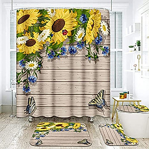 Sunflower Bathroom Sets with Shower Curtain and Rugs and Accessories, Butterflies Daisy Shower Curtain Sets, Floral Wooden Shower Curtains for The Bathroom,Sunflower Vintage Bathroom Decor 4 Pcs