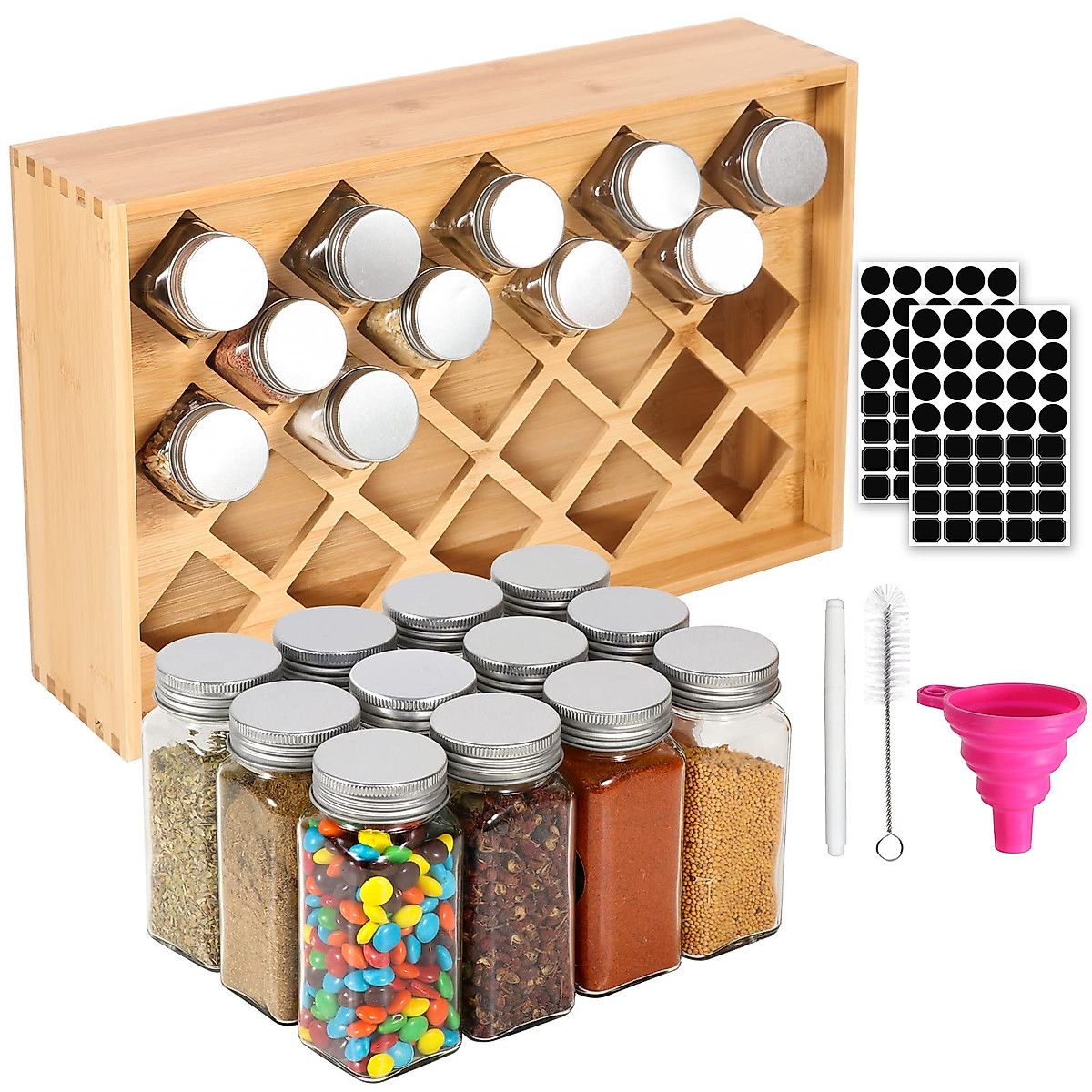 Bamboo Spice Rack Organizer,Seasoning Rack with 23 Pack 4 oz Empty Glass Spice Jars with Sliver Metal Caps. Include Pen, Brush, Funnel and 80 Labels.