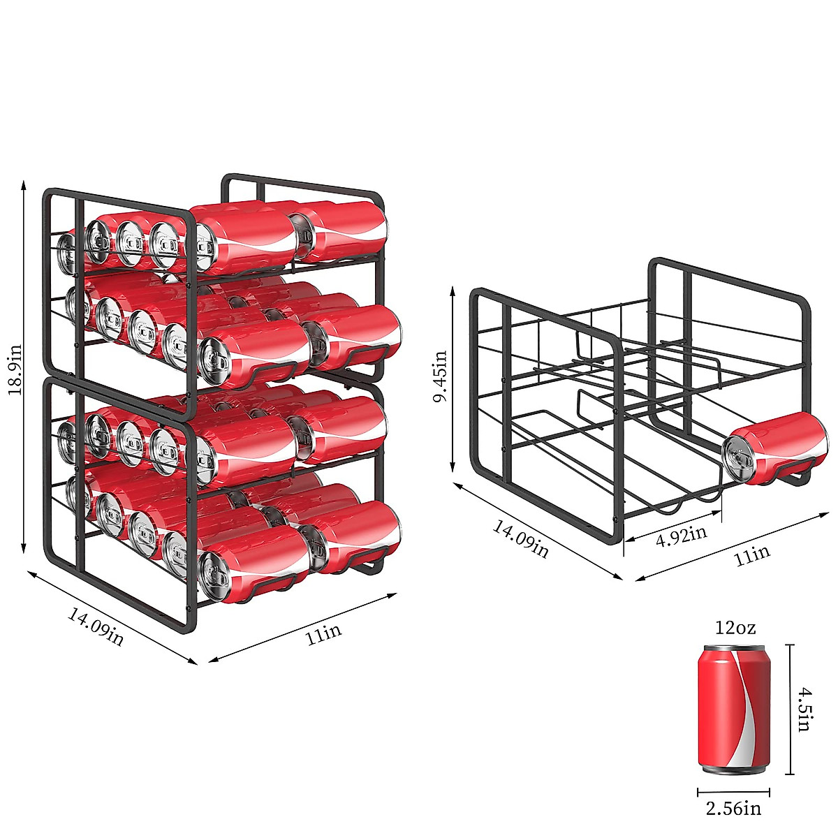 CASAVIDA 2-Tier Fridge Soda Can Organizer, Stackable Beverage Can Rack Dispenser Rolling Food Can Organizer Holder for Pantry Refrigerator Cabinet, Black