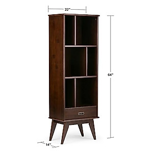 SIMPLIHOME Draper SOLID HARDWOOD 22 Inch Mid Century Modern Bookcase and Storage Unit in Medium Auburn Brown, For the Living Room, Study Room and Office