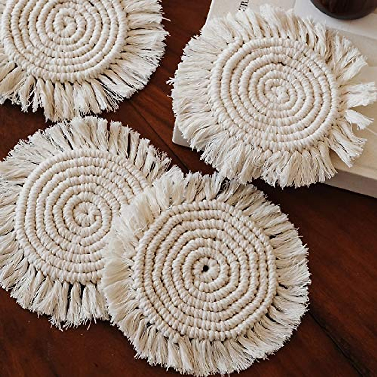 Hygge & Cwtch Handcrafted Macrame Coasters Set of 4 - Handmade Cotton Rope Woven Macrame Coaster with Tassel | Boho Home Decor Mugs and Cups Pads for Drinks, Wine Glass Table Countertop Office