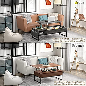 Aheaplus Lift Top Coffee Table with Storage, Wood Lifting Top Central Table Metal Frame, 43.3" Lift Tabletop Tea Table with Side Pouch, Cocktail Table Modern Pop up Adjustable Table for Living Room
