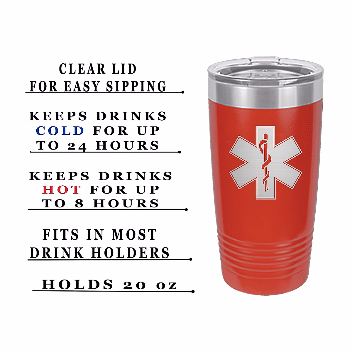 Rogue River Tactical EMT EMS Star of Life 20 Oz. Travel Tumbler Mug Cup w/Lid Paramedic (Red)