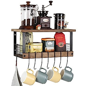 J JACKCUBE DESIGN Wall Mount Rustic Wood Floating Shelf, Coffee Mug Rack with 8 Hooks, 2 Tier Hanging Storage Shelves for Kitchen, Bathroom, and Living Room - MK455A