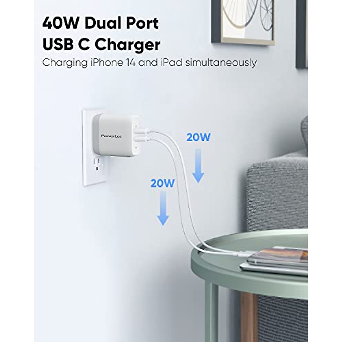 PowerLot USB C Wall Charge PD3.0 2-Port 40W Power Brick GaN Charger, 20W USB C Block for iPhone 14/14 Pro/14 Pro Max/14 Plus, iPhone 13/13 Pro, iPhone 12/12 Pro, MacBook Air, iPad Pro, iPad Air