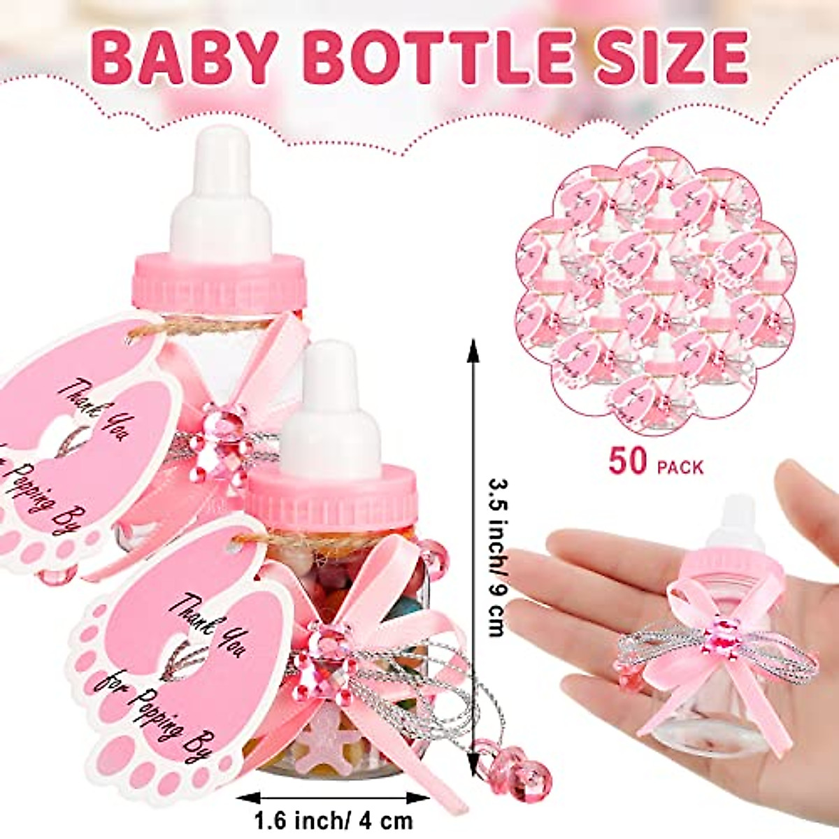 50 Pcs 3.5 x 1.6 Inch Baby Bottle for Baby Shower Mini Feeding Bottle Candy Box Plastic Milk Bottles with Ribbon for Baby Shower Favor Gift Decoration, Pink
