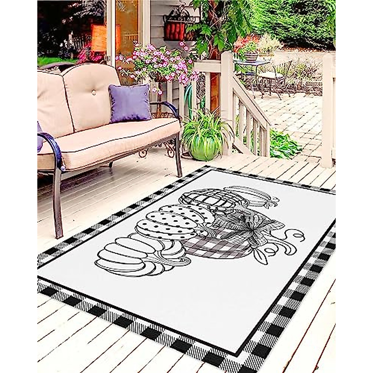Outdoor Rug 4' x 6', Fall Thanksgiving Large Area Rugs for Patio/RV/Deck/Porch/Indoors, Black and White Checkered Pumpkin Water Absorption Camping Rug Carpet, Lightweight Washable Rug Runners