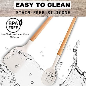 Silicone Kitchen Utensils Set | White Kitchen Utensils with Holder (11 PC) - Non Stick Kitchen Accesories for Cooking - White Kitchen Set with Wooden Handle by Five14