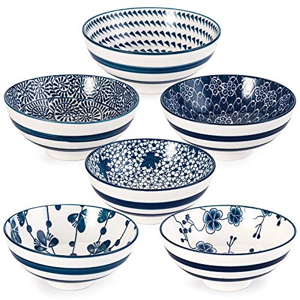 Foraineam 6 Pieces Blue and White Floral Rice Bowl Set 8 oz Japanese Style Cereal Bowls, Assorted Designs