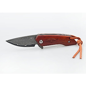 ILEAF Damascus Steel Folding Pocket Knife 2" Blade 3" Folded 5" Open, Liner Lock with Rosewood Handle Great for Camping Fishing Hiking